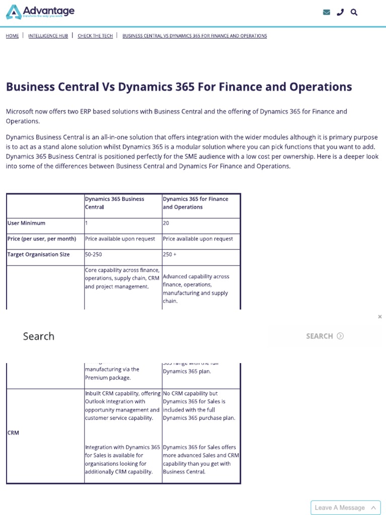 Business Central Vs Dynamics 365 Finance Operations - Advantage | PDF