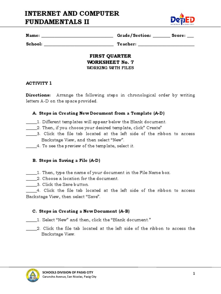 Internet and Computer Fundamentals Ii: First Quarter Worksheet No. 7 ...