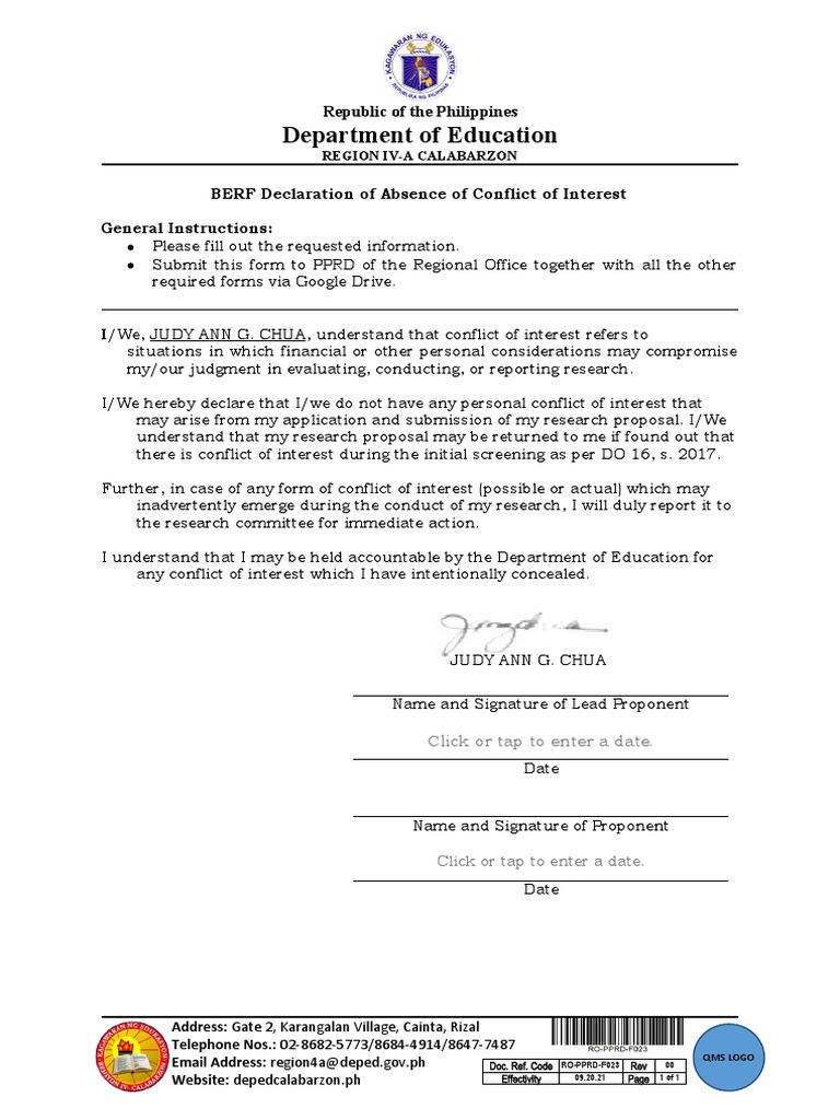 CHUA JUDY ANN_ BERF Declaration of Absence of Conflict of Interest | PDF