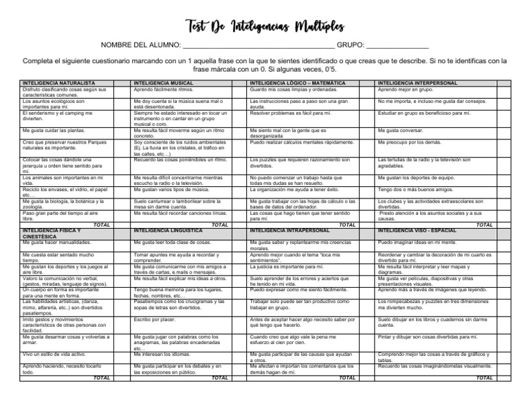 Test de Inteligencias Multiples | PDF | Ciencia cognitiva | Cognición