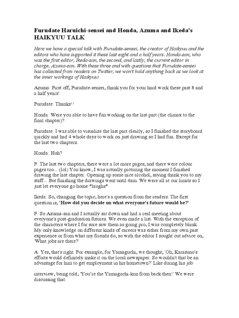 Furudate Haruichi Interview Complete Compilation | PDF | Anime | Manga
