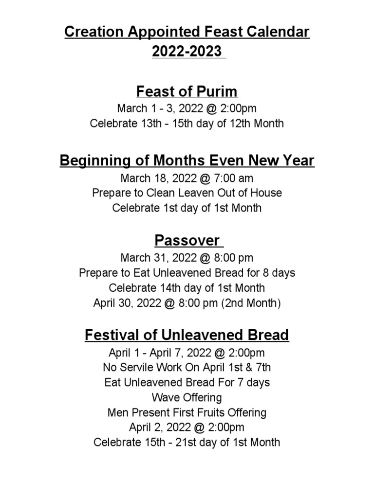 2022-2023 Appointed Feast Day Calendar | PDF | Passover | Solar Eclipse
