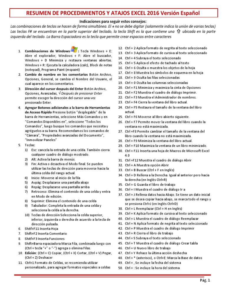 Resumen de Atajos y Proc. Excel 2016 | PDF | Ventana (informática) | Microsoft Excel
