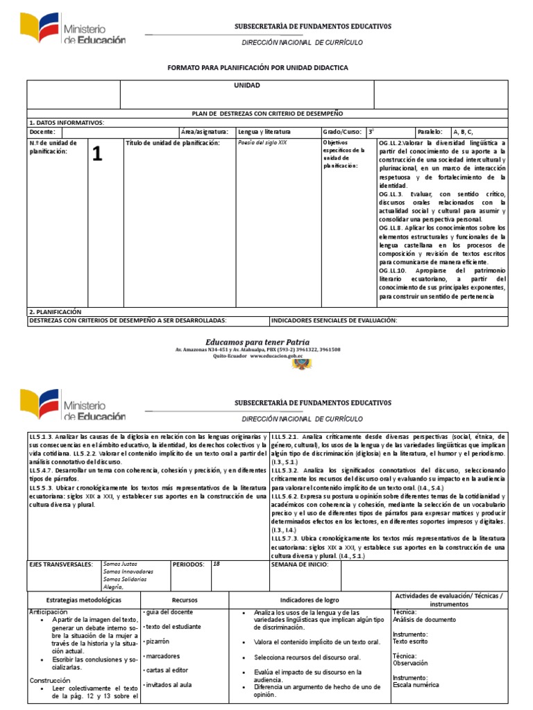 Planes de Destrezas Tercero Lengua Bachillerato | PDF | Plan de ...