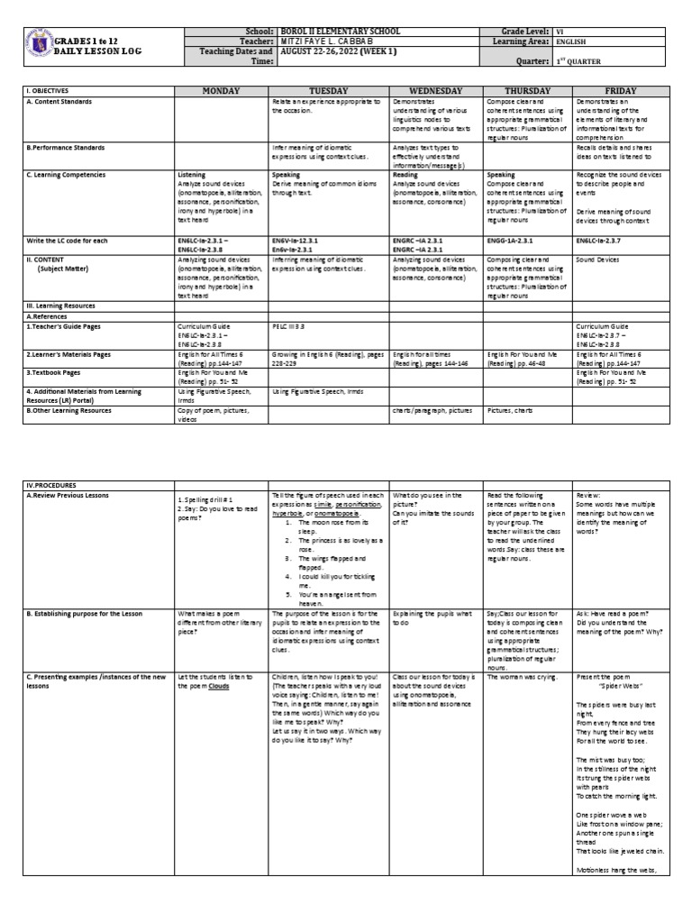 DLL - English 6 - Q1 - W1 | PDF | English Language | Poetry DLL - English 6 - Q1 - W1 | PDF | English Language | Poetry