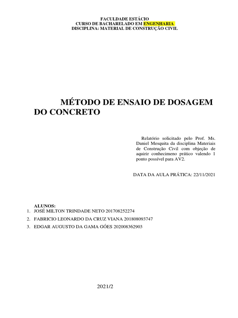 Relatório Dosagem Do Concreto | PDF | Concreto | Engenharia