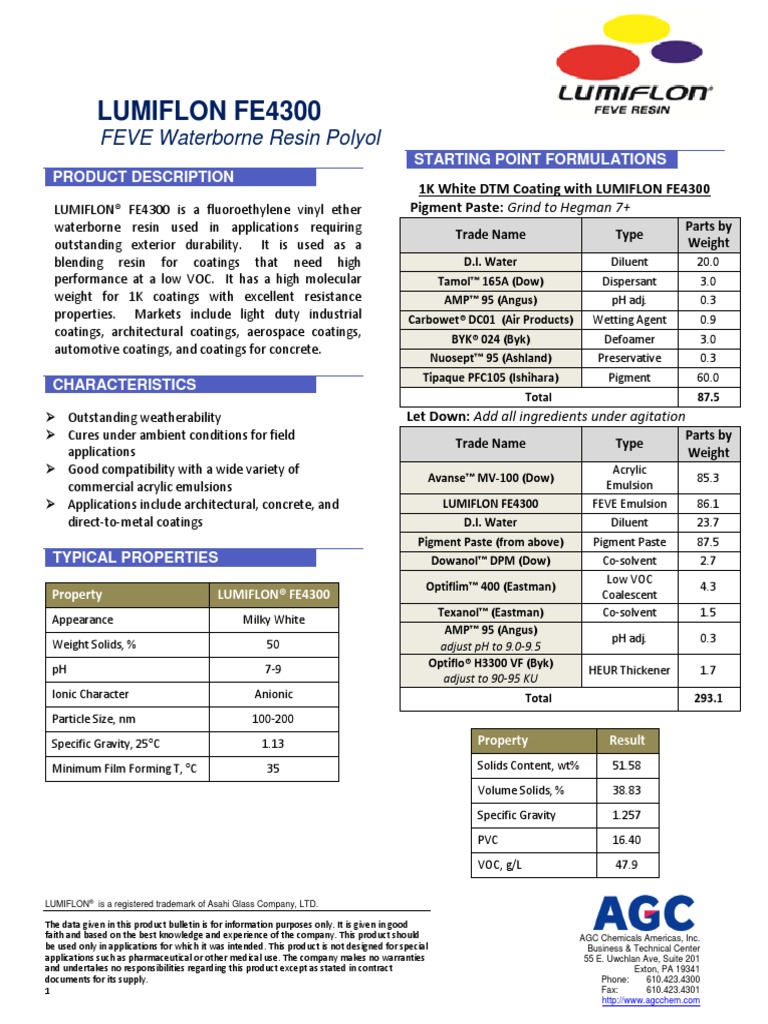 Lumiflon Fe4300: FEVE Waterborne Resin Polyol | PDF | Paint | Materials