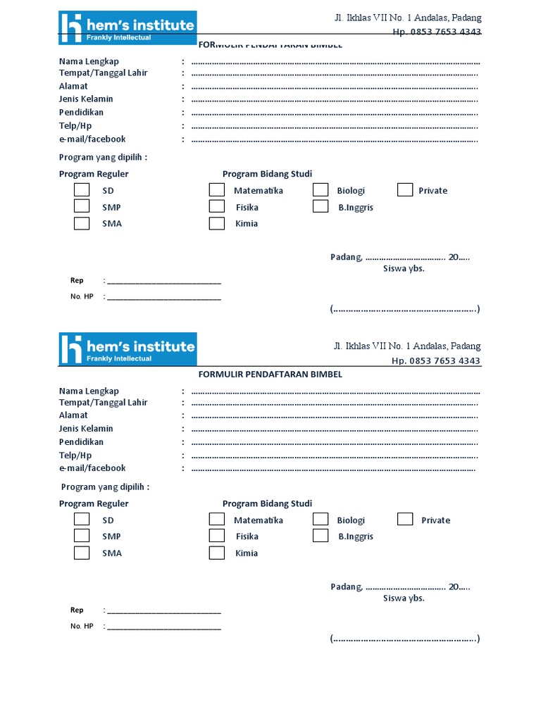 Formulir Pedaftaran Bimbel | PDF