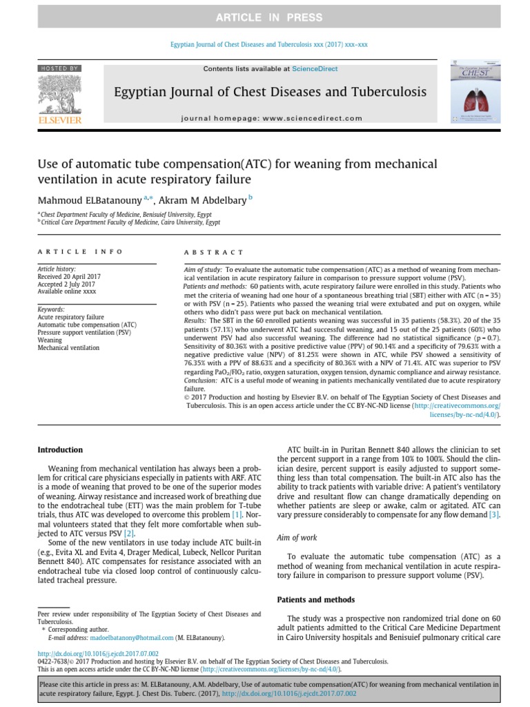 Use of Automatic Tube compensationATC For Weaning | PDF | Chronic ...