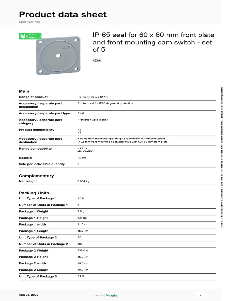 Product Data Sheet: IP 65 Seal For 60 X 60 MM Front Plate and Front ...