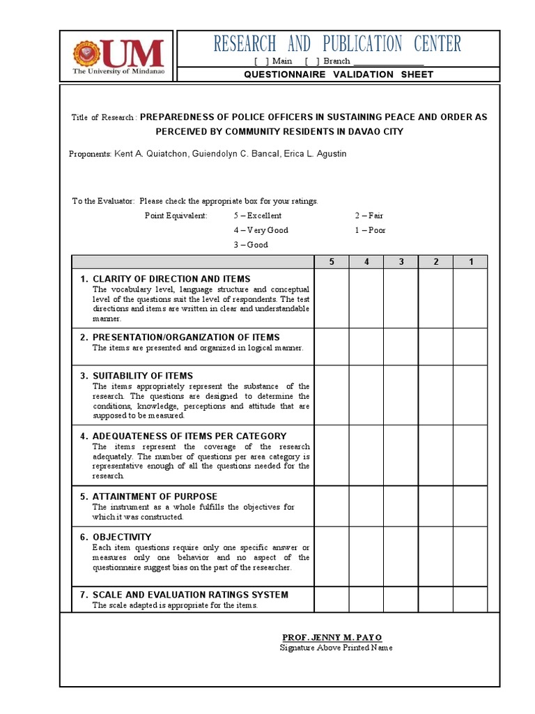 Questionnaire Validation Form 2. | PDF