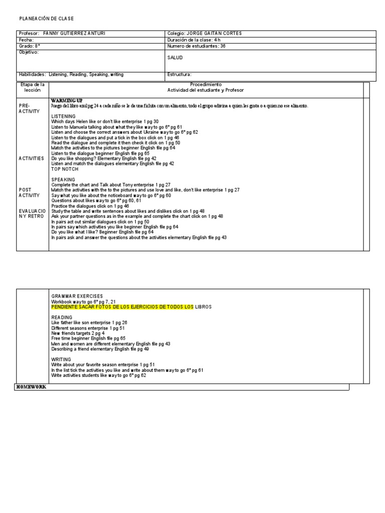 Plan clase inglés sobre gustos y preferencias | PDF