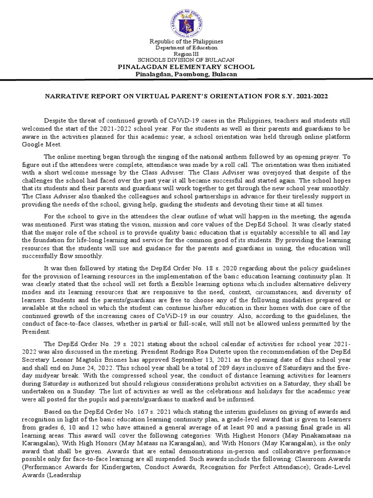 Pinalagdan Elementary School Pinalagdan, Paombong, Bulacan Narrative Report On Virtual Parent'S ...