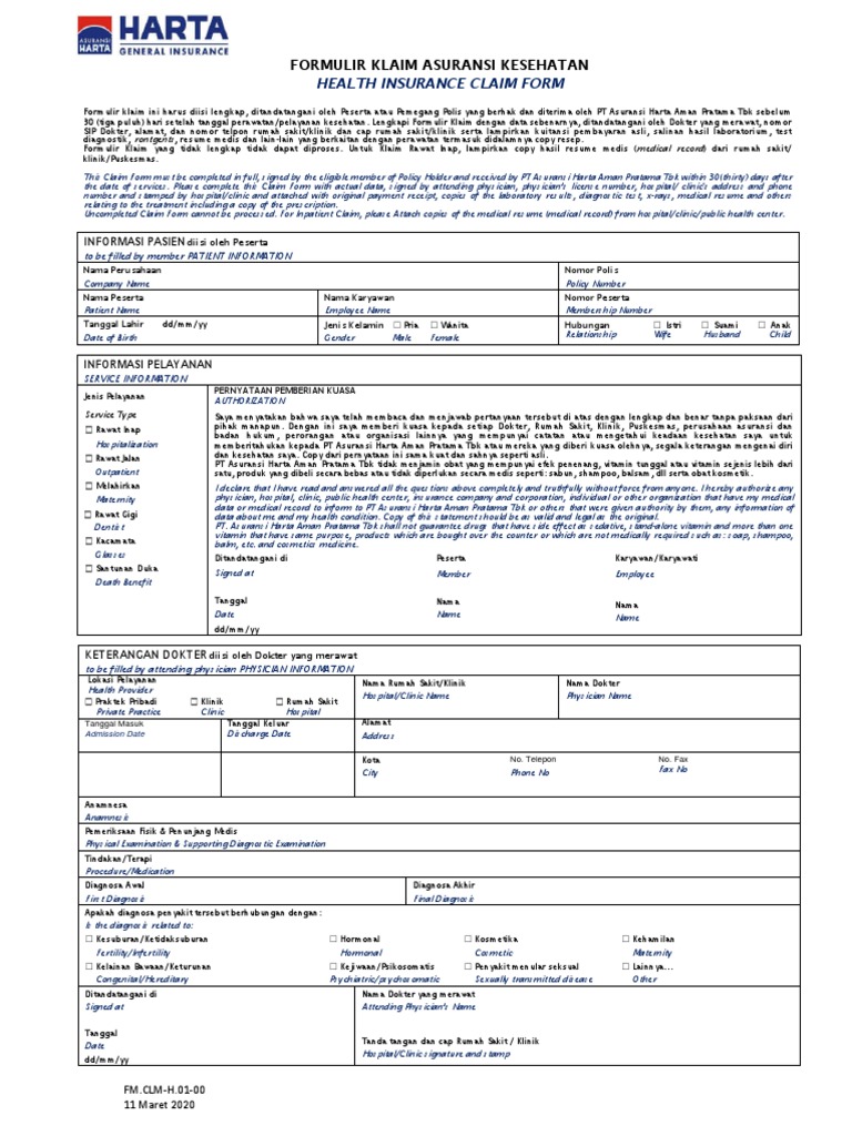 FM CLM-H 01-00 Formulir Klaim Asuransi Kesehatan | PDF
