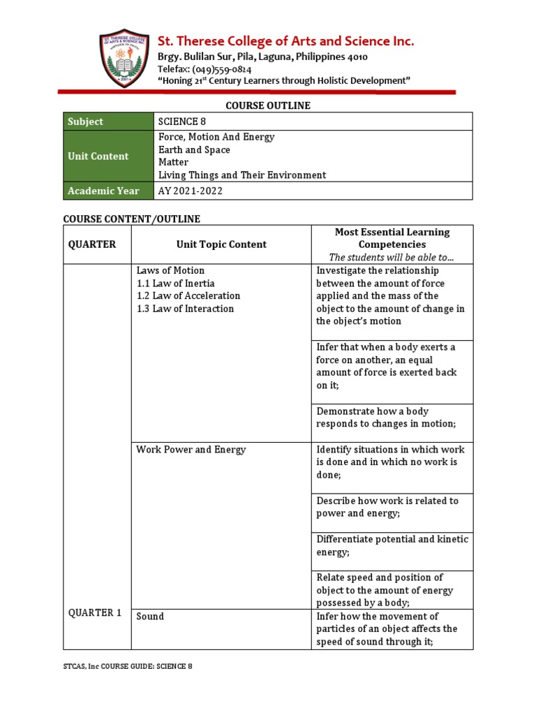 Course Outline Grade 8 Science | PDF | Force | Earthquakes Course Outline Grade 8 Science | PDF | Force | Earthquakes