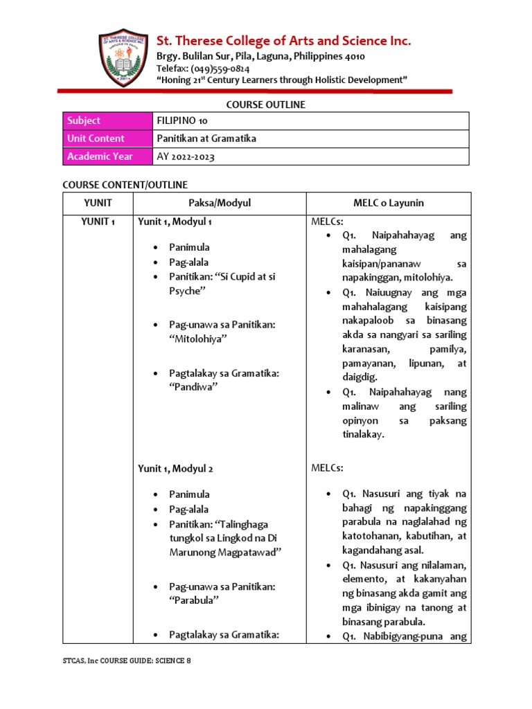 Course Outline Grade 10 Filipino | PDF