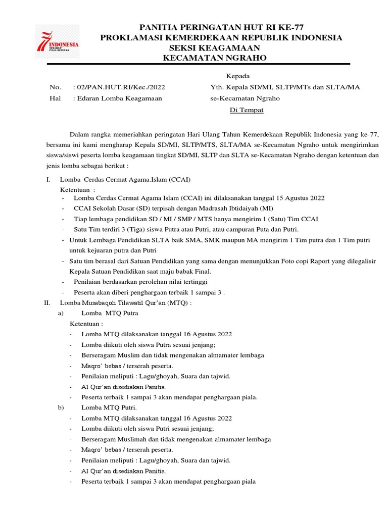 Edaran Lomba Ccai & MTQ | PDF