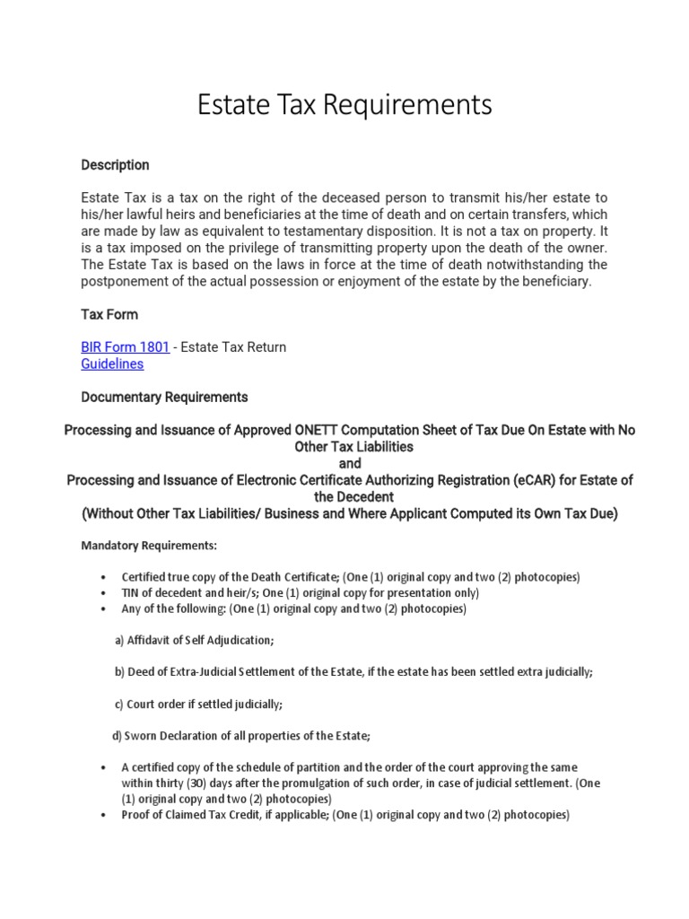 Estate Tax Requirements: BIR Form 1801 Guidelines | PDF | Estate Tax In ...