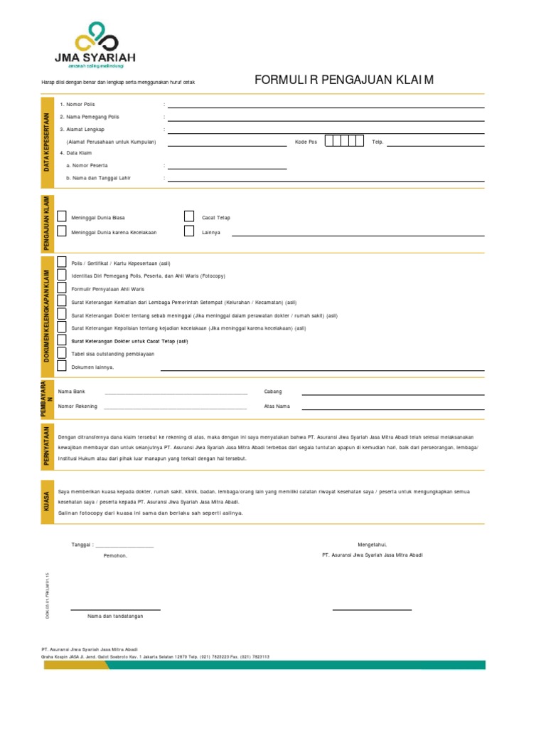 Formulir Klaim Asuransi JMA Syariah | PDF