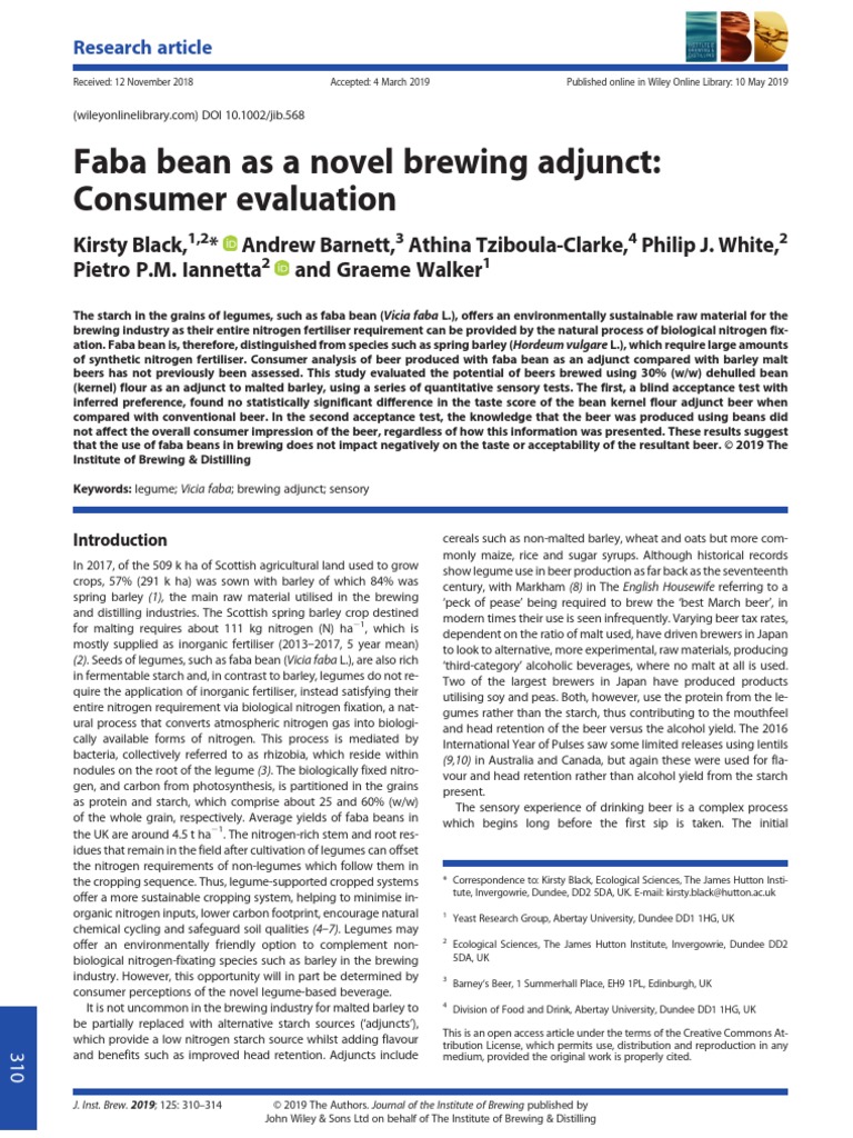 J Institute Brewing - 2019 - Black - Faba Bean As A Novel Brewing Adjunct Consumer Evaluation ...