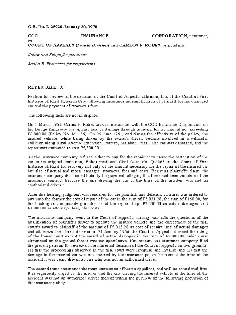 CCC Insurance Corp. v. CA (31 SCRA 264) | PDF | Insurance | Appellate Court