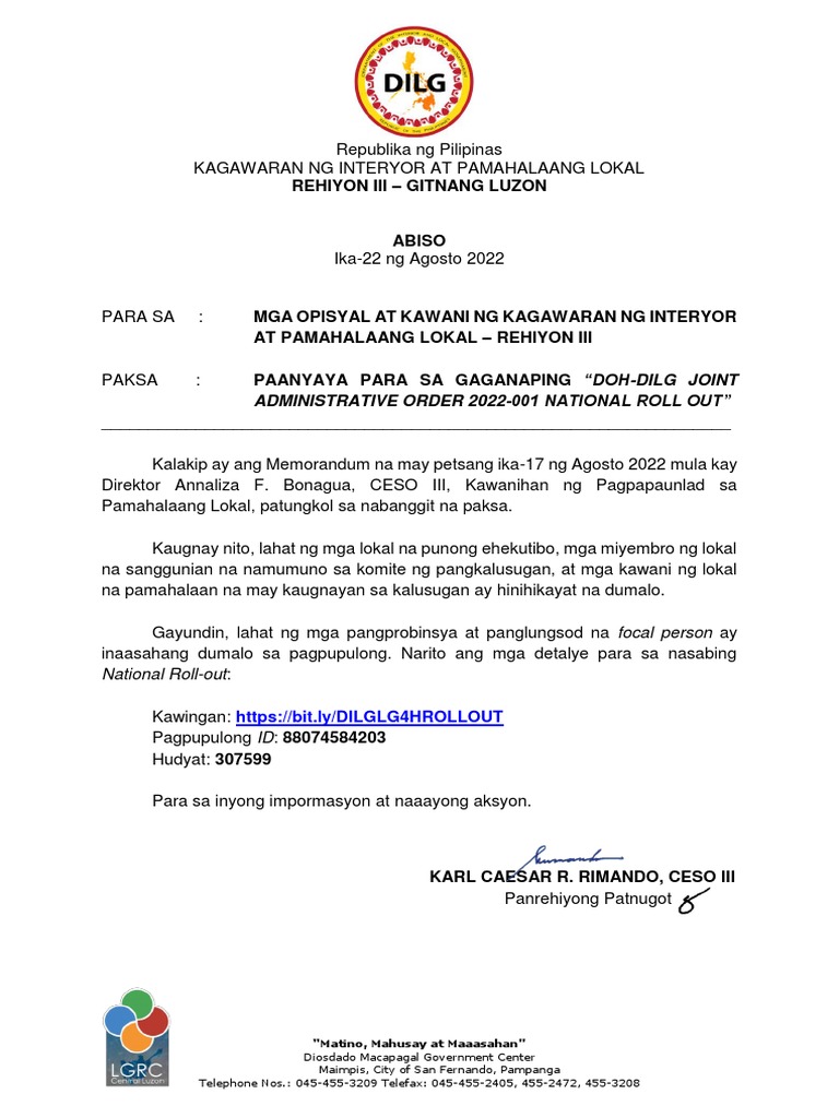 Abiso - DOH-DILG JAO 2022-001 National Roll-Out | PDF