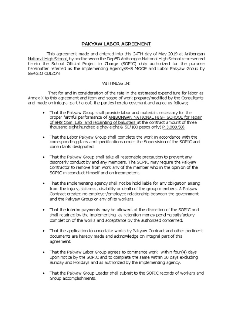 Pakyaw Labor Agreement | PDF | Employment | Common Law