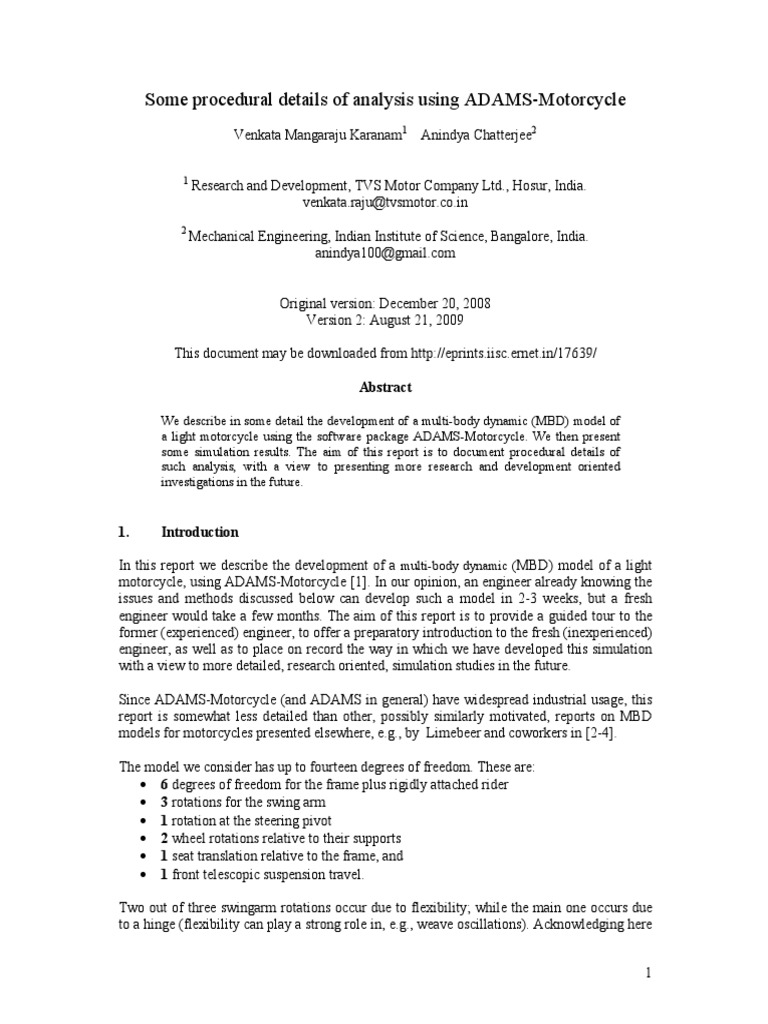 Some Procedural Details of Analysis Using ADAMS-Motorcycle | PDF ...