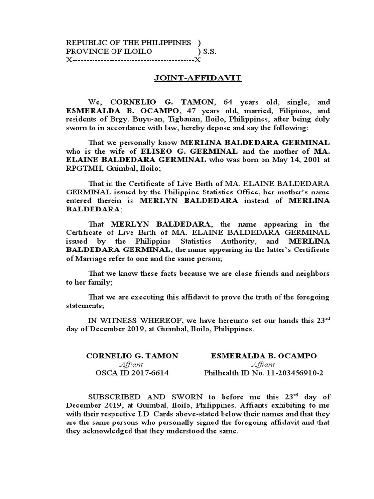 Affidavit Joint - One and The Same Person SSS | PDF