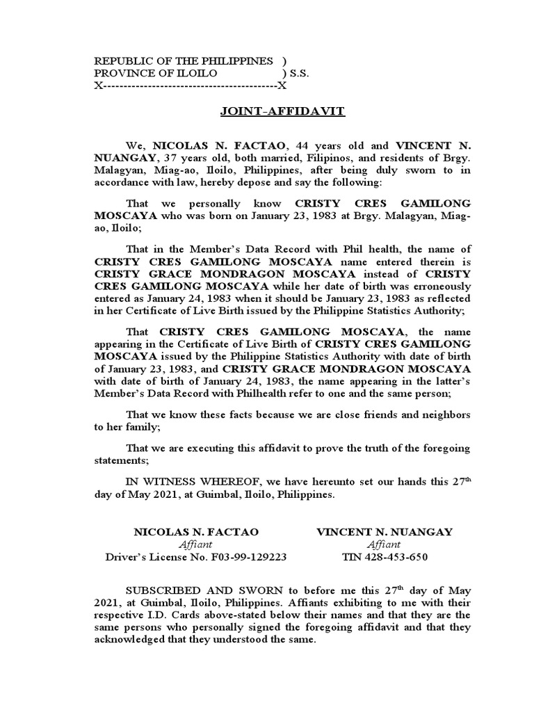 Affidavit Joint - One and The Same Person PHILHEALTH | PDF | Social ...