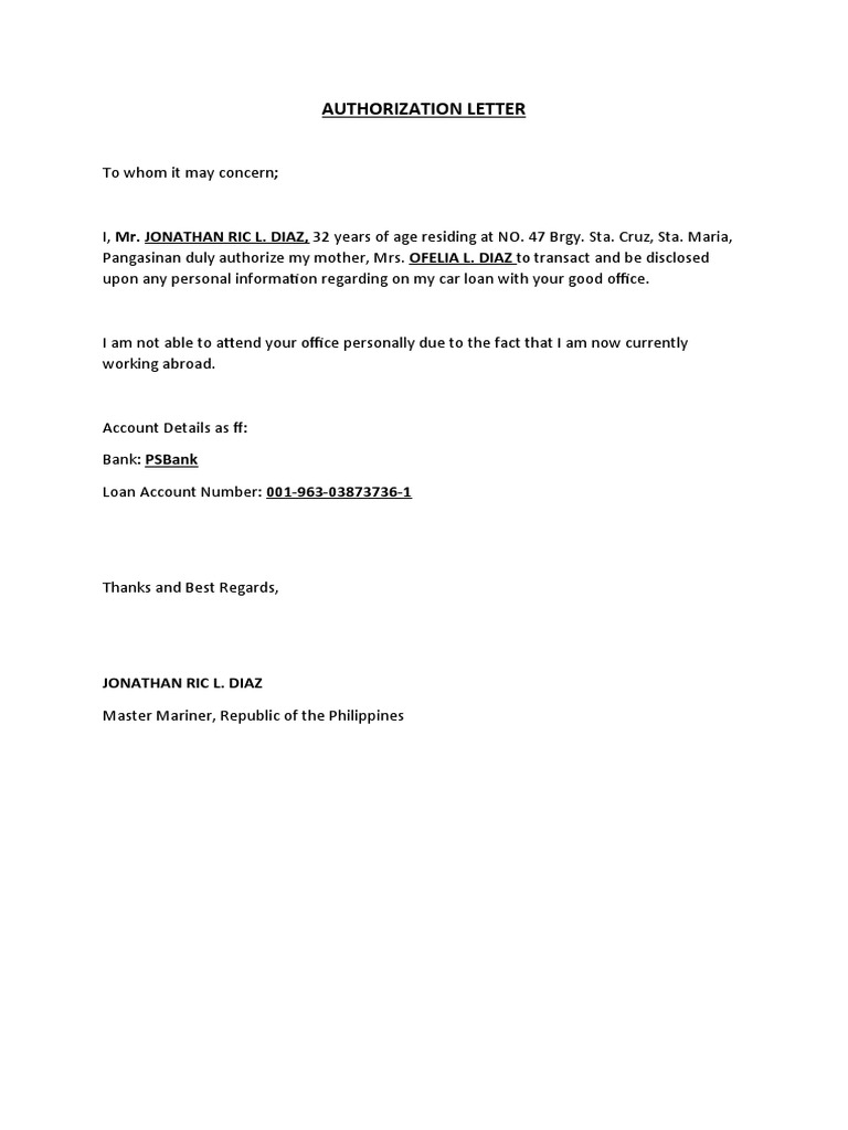 Authorization Letter Psbank | PDF