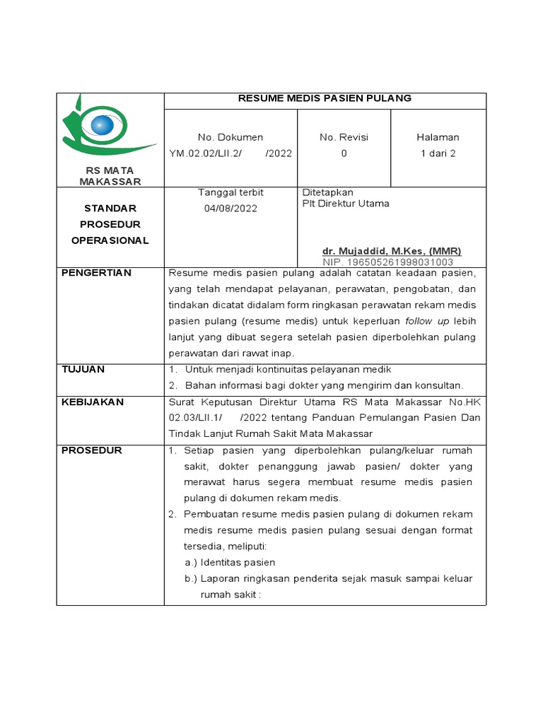 SOP Resume Medis Pasien Pulang | PDF