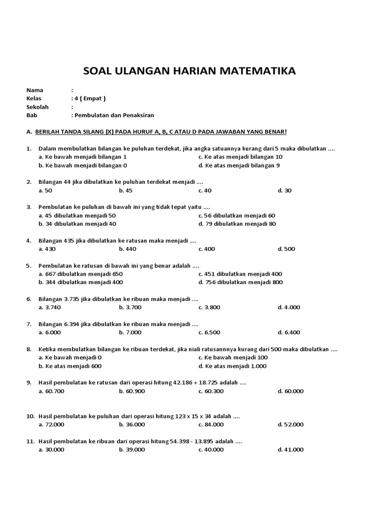 Soal Matematika Kelas 4 SD Bab 2 Penaksiran Dan Pembulatan Dan Kunci Jawaban | PDF | Metode ...