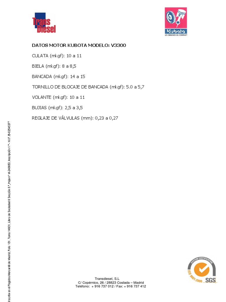 Datos Motor Kubota Modelo: V3300 | PDF | Technology & Engineering