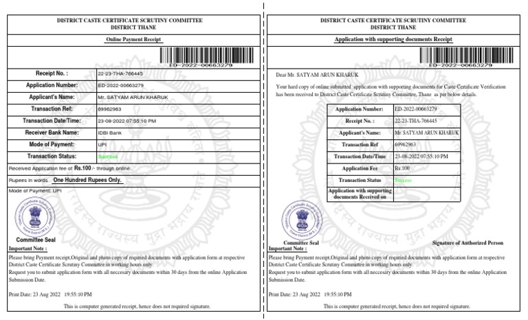 Application Receipt for Caste Certificate Verification | PDF | Receipt ...