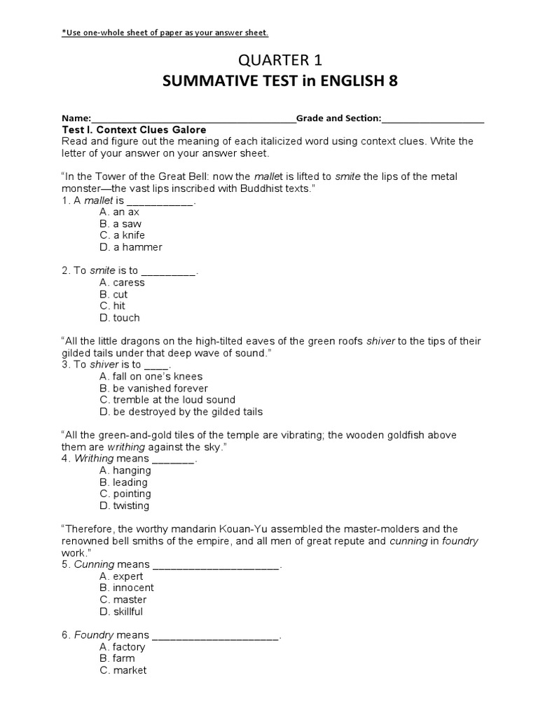 English 8 Summative Test Q1 | PDF | Verb | Adjective