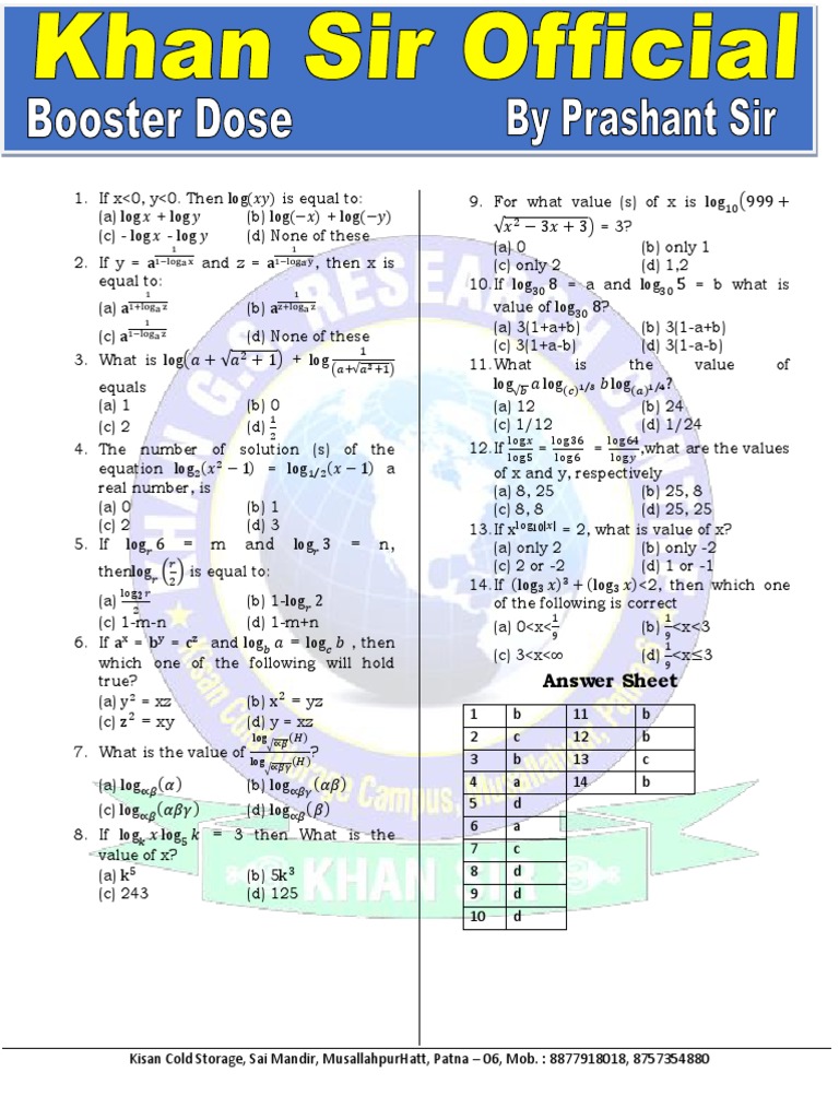 Answer Sheet: 1 1 Loga X 1 1 Loga y | PDF | Equations | Mathematical Objects