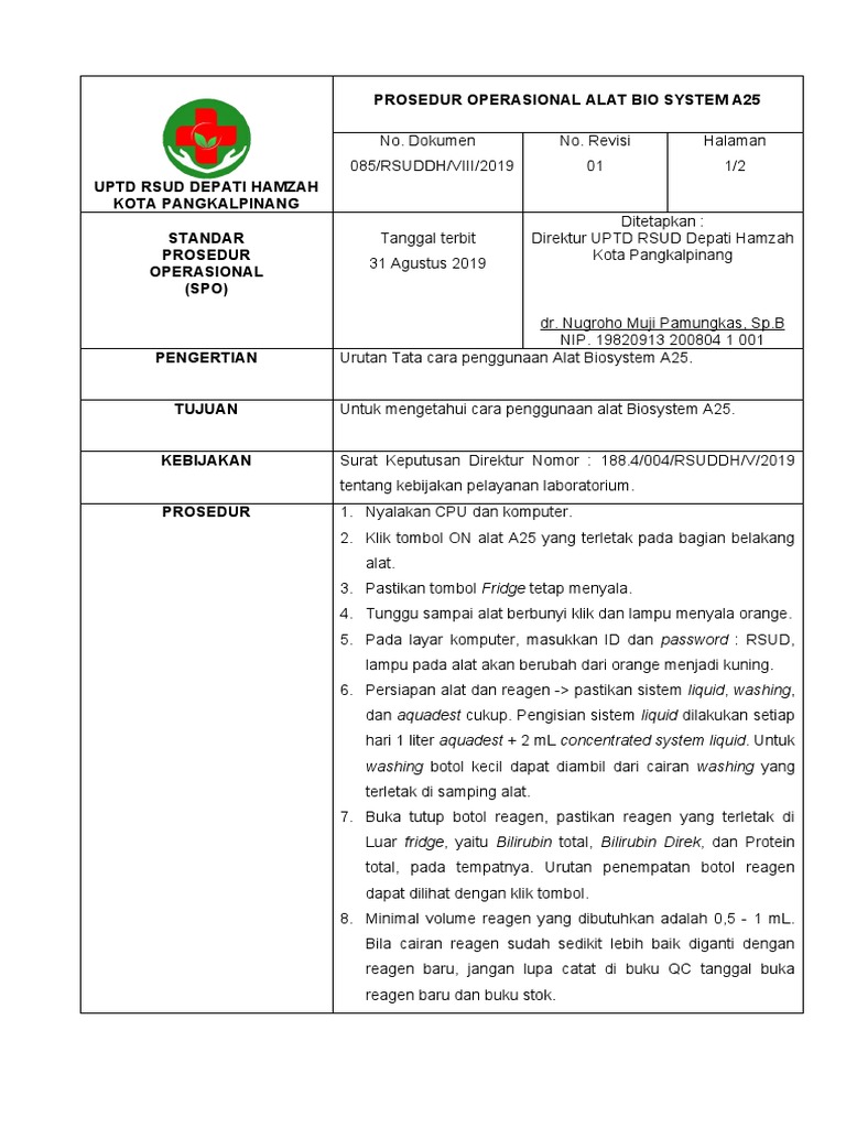 Spo OPERASIONAL ALAT BIO SYSTEM A25 NEW | PDF