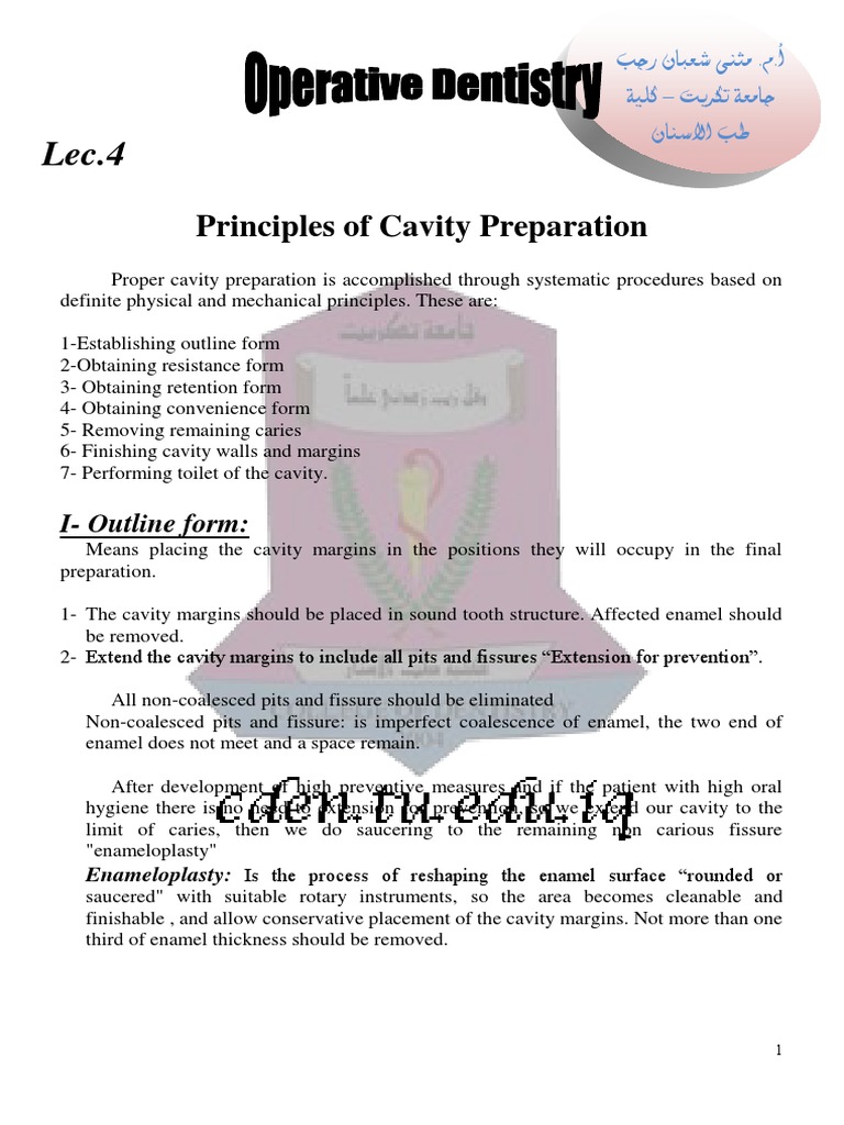 Principles of Cavity Preparation: I-Outline Form | PDF | Tooth Enamel ...