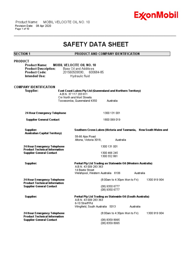Safety Data Sheet: Product Name: Mobil Velocite Oil No. 10 | PDF ...