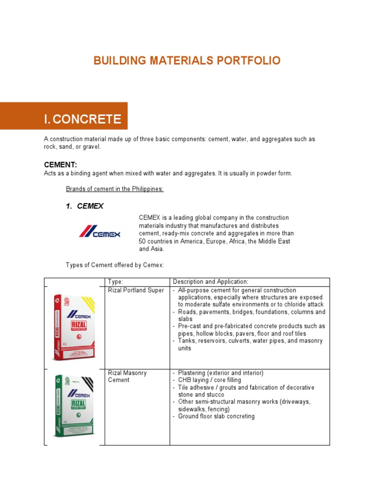 Building Materials Portfolio | Download Free PDF | Concrete | Cement
