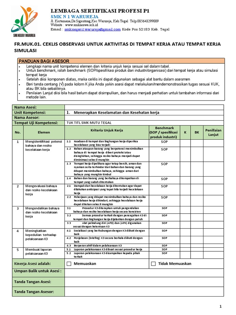 3 FR Muk.01. Ceklis Observasi Untuk Aktivitas Di Tempat Kerja Atau ...
