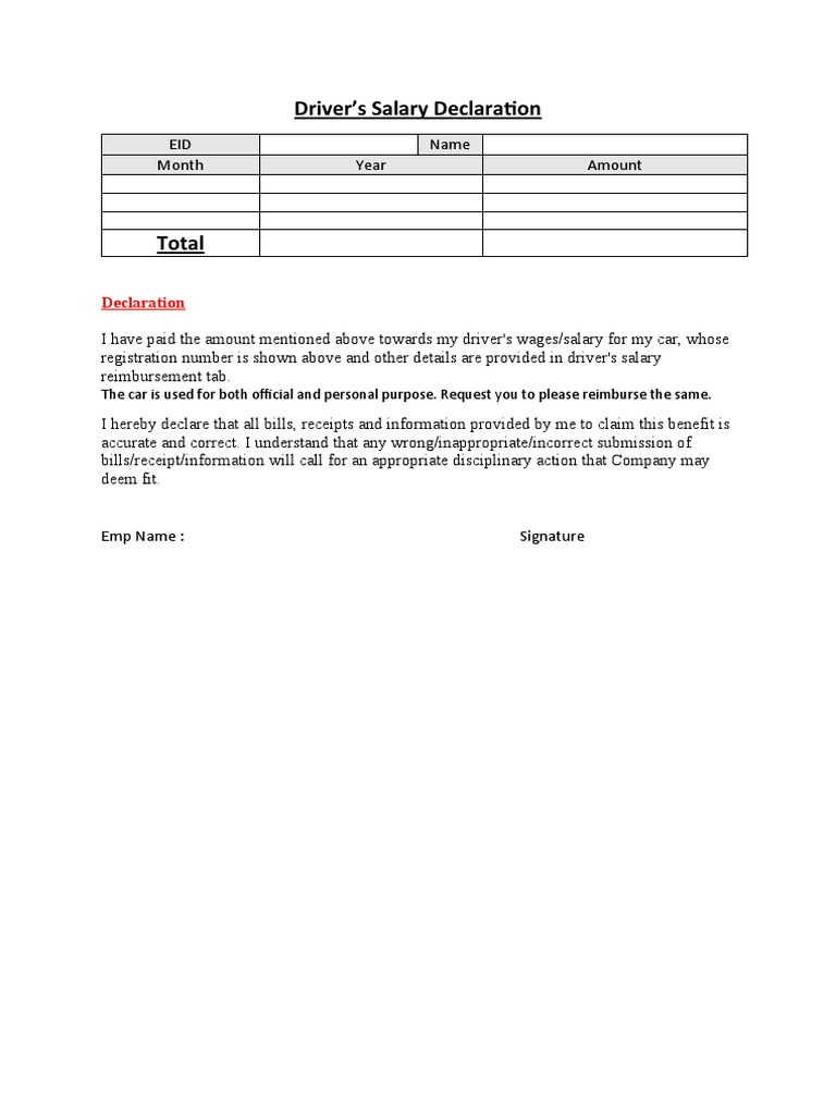 Driver Salary Declaration | PDF | Finance & Money Management