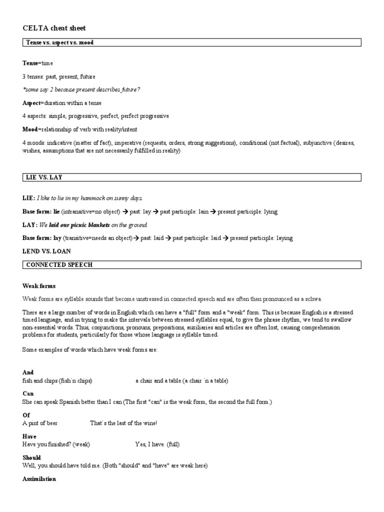 CELTA Cheat Sheet | PDF | Grammatical Tense | English Language