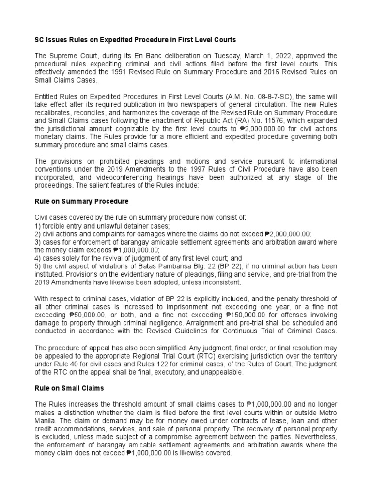 Rules On Expedited Procedure in First Level Courts | PDF | Lawsuit ...