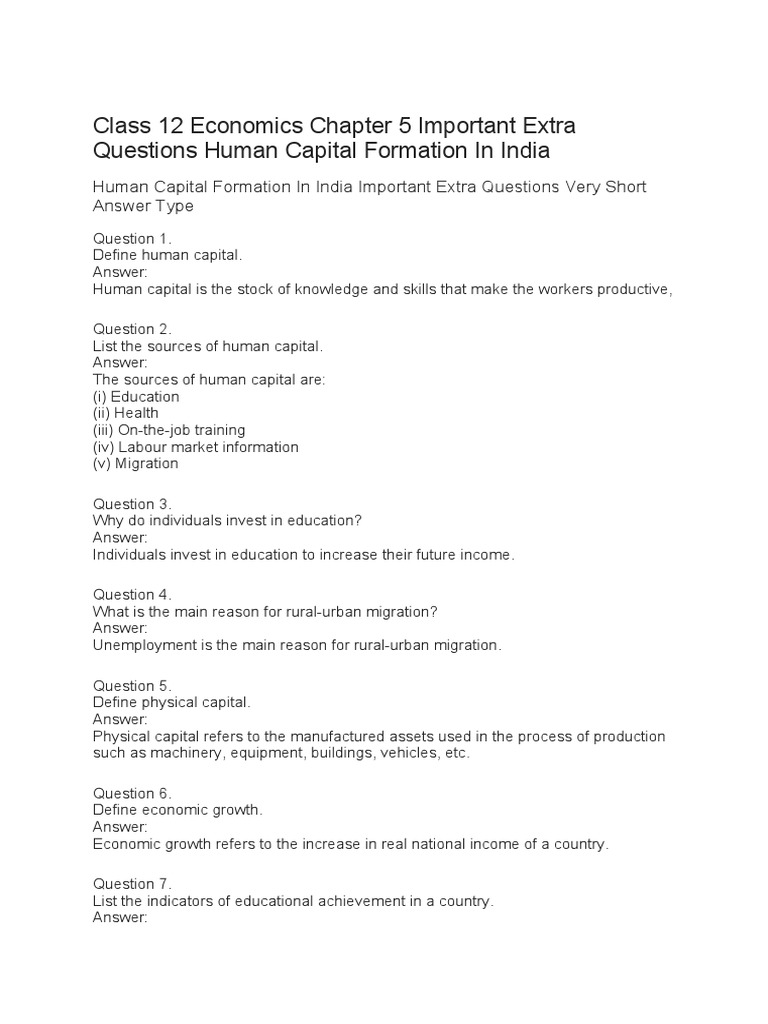 Class 12 Economics Chapter 5 Important Extra Questions Human Capital ...