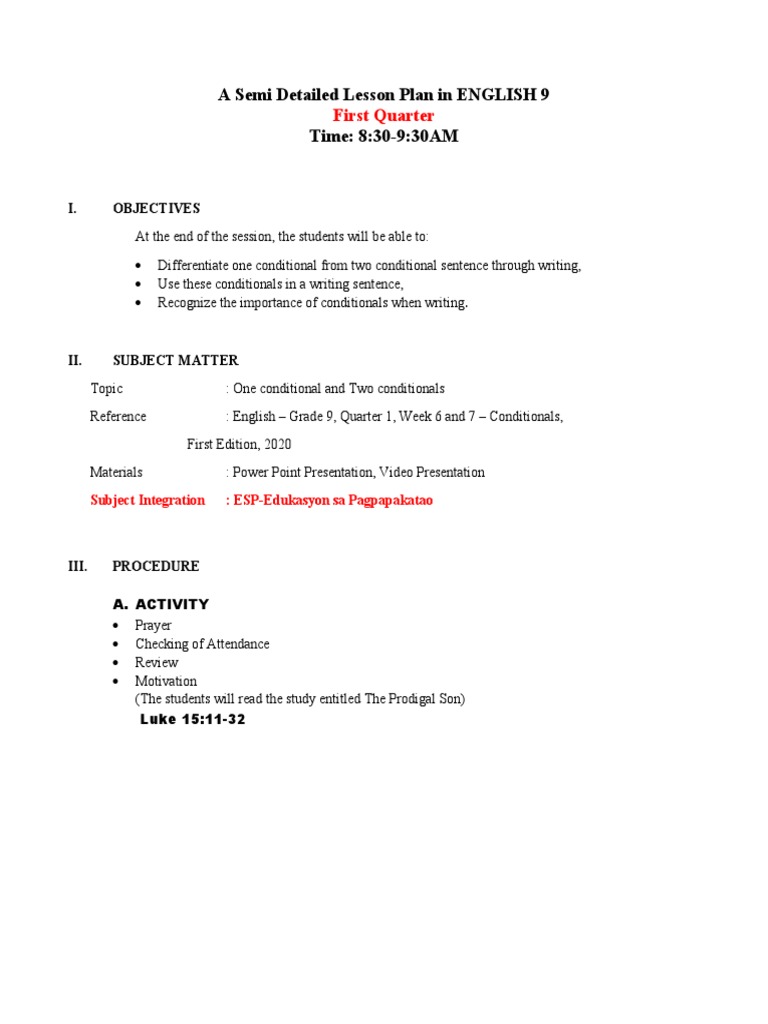 A Semi Detailed Lesson Plan in ENGLISH 9 Time: 8:30-9:30AM: First Quarter | PDF | Sentence ...