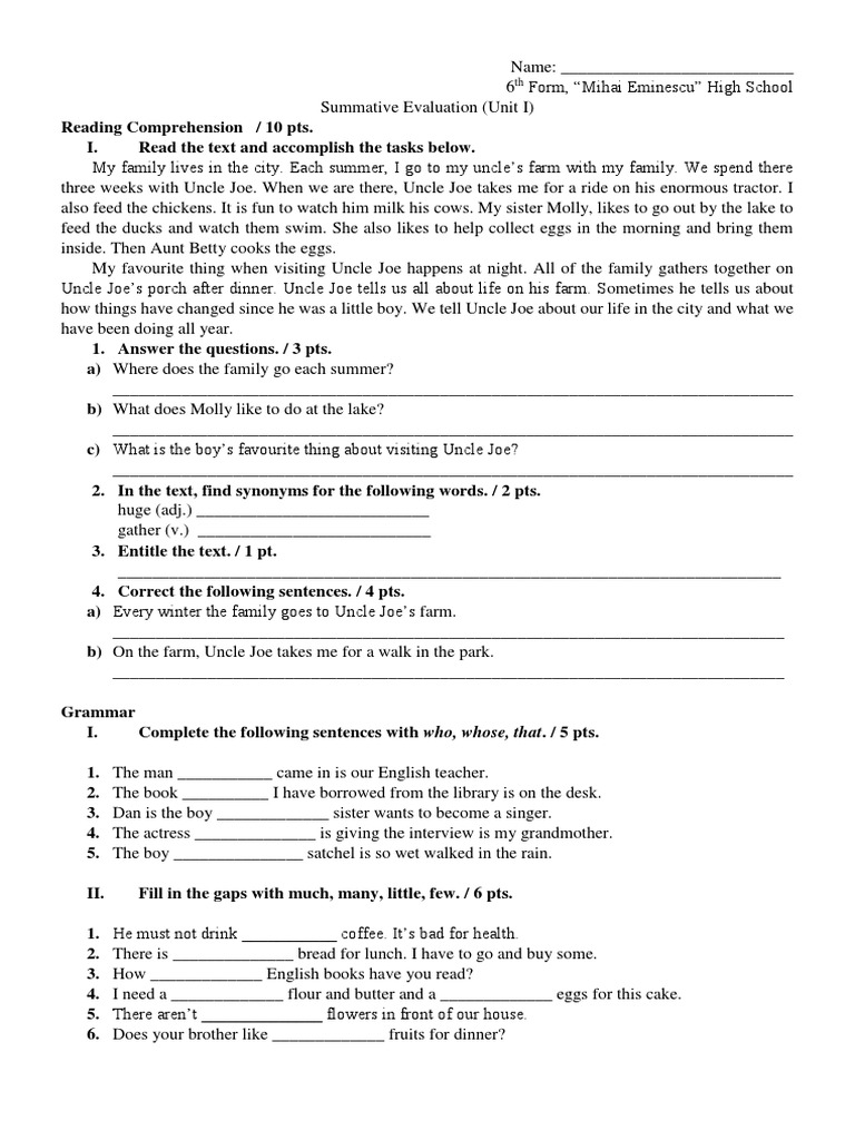 6th Form Reading Comprehension Test | PDF | Language Arts & Discipline ...