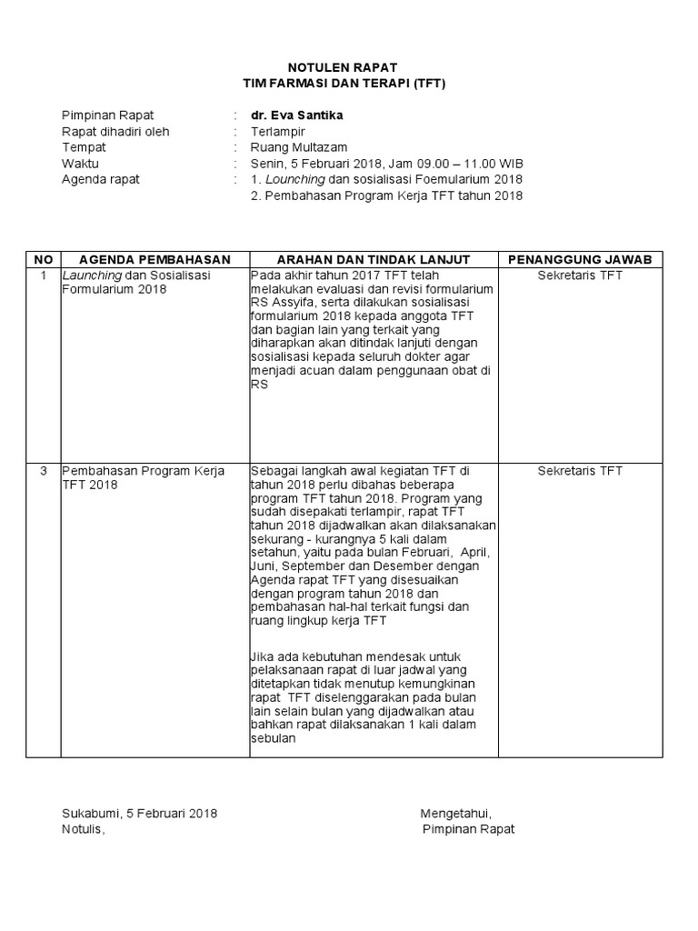 Notulen Rapat TFT 2022 Rsi Assyifa | PDF