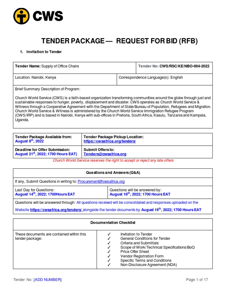 Tender Package - Request For Bid (RFB) | PDF | Non Disclosure Agreement | Business